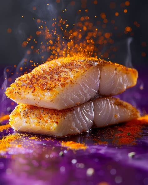 Freshly Grilled Spicy Cod Fish Fillets With Falling Seasoning On A Dark