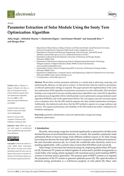 Pdf Parameter Extraction Of Solar Module Using The Sooty Tern