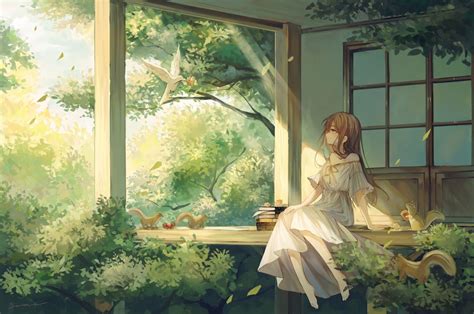 Anime Anime Girls Sitting Long Hair Sunlight 2k Wallpaper Background