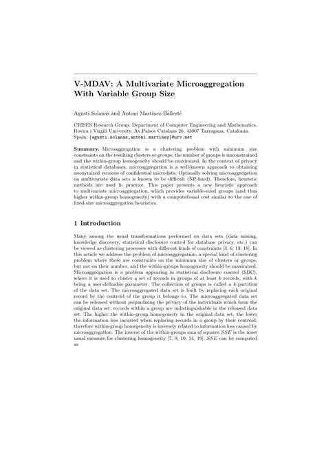 pdf v mdav variable group size multivariate microaggregation