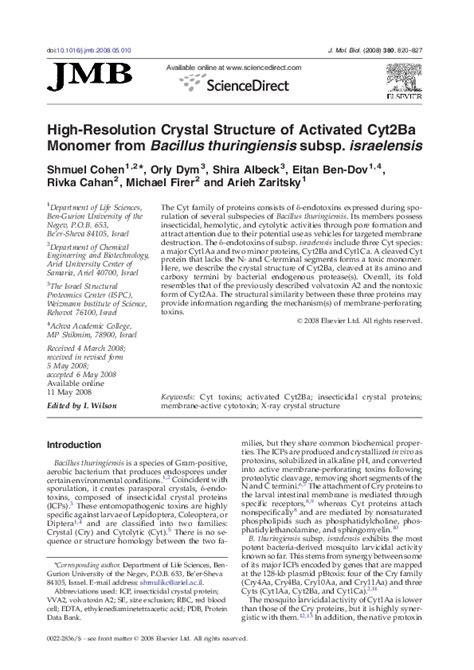 Pdf High Resolution Crystal Structure Of Activated Cyt2ba Monomer