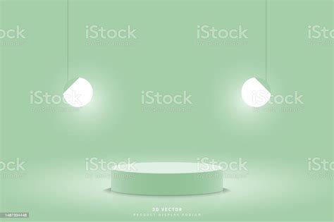 녹색 3d 실린더 연단 또는 둥근 무대가 있는 최소한의 장면으로 사실적인 제품 및 구체 전구 교수형을 보여줍니다 텅 빈 녹색 장면입니다 3d 벡터 렌더링 디자인 깨끗한 3d