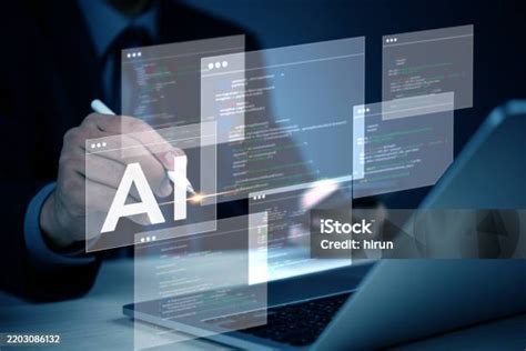 Ai 인공 지능 기술 및 기계 학습 개발 프로그래밍 개념 사업가 혁신 코드 작성 홀로그램 화면에 데이터 기술 Stem 주제에