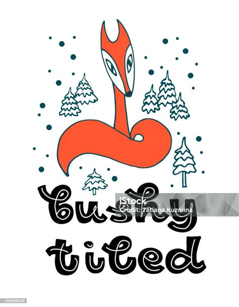 오렌지 여우와 나무와 눈이 있는 부시 타일이라는 글자를 들고 어린이 디자인 엽서 문구류 스티커 티셔츠 등을 위해 흰색 배경에 새기고 있습니다 손 익사 벡터 일러스트레이션 0