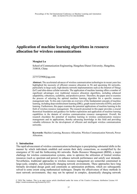 Pdf Application Of Machine Learning Algorithms In Resource Allocation For Wireless Communications