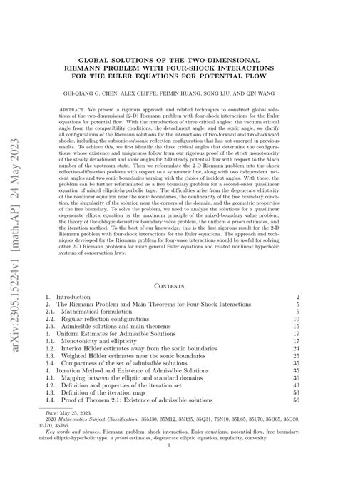 Pdf Global Solutions Of The Two Dimensional Riemann Problem With Four Shock Interactions For