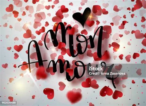 떨어지는 반짝 색종이의 월 아무르 필기 텍스트 인사말 카드 카드 레드 심장 패턴 서 텍스트와 함께 빨간색 배경에 인사말 카드 서 예 문자입니다 벡터 0명에 대한 스톡 벡터