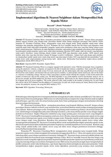 Pdf Implementasi Algoritma K Nearest Neighbour Dalam Memprediksi Stok Sepeda Motor