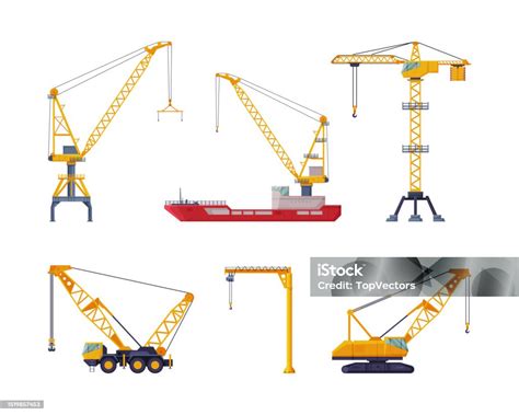 건설 및 산업용 크레인 세트 중장비 특수 기계 플랫 벡터 일러스트레이션 크레인에 대한 스톡 벡터 아트 및 기타 이미지 크레인 선박 용기 제작물 Istock