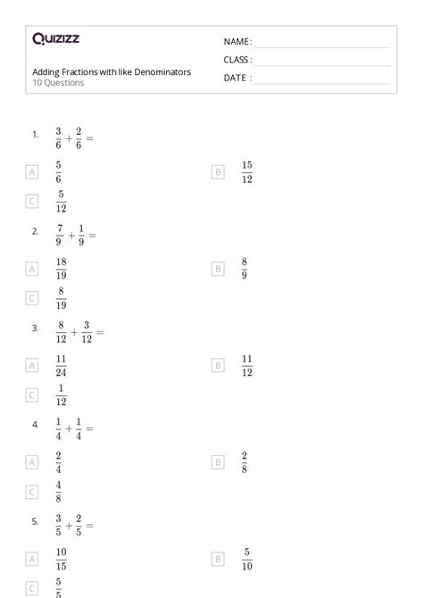50 Adding Fractions Worksheets For 6th Grade On Quizizz Free And Printable