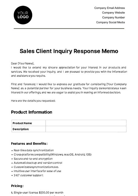 Free Sales Client Inquiry Response Memo Template To Edit Online