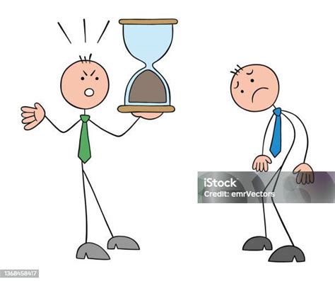 Frustrated Stickman Boss Holding Finished Hourglass And Shouting At