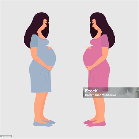 전체 길이 프로필에 두 명의 임산부 아기를 기대하는 여자 파란색과 분홍색의 의류 소년과 소녀를 기다리고 있습니다 벡터 플랫 만화