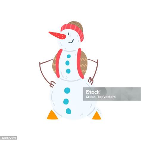 쾌활 한 눈사람 캐릭터 모자와 조끼 크리스마스와 새 해 휴일 흰색 배경에 장식 요소 벡터 일러스트 레이 션 12월에 대한 스톡