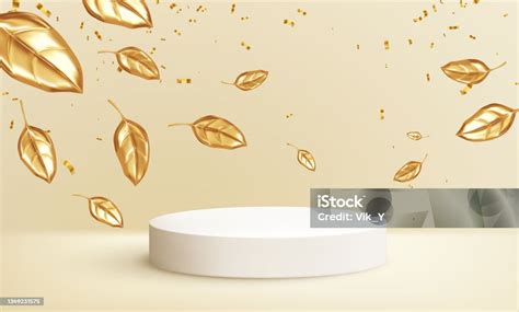 단풍황금잎이 있는 상품 광고의 현장 제품 포디움 모던 3d 사실적인 디자인 가을 판매 배경 벡터 일러스트레이션 금 금속에 대한 스톡 벡터 아트 및 기타 이미지 Istock