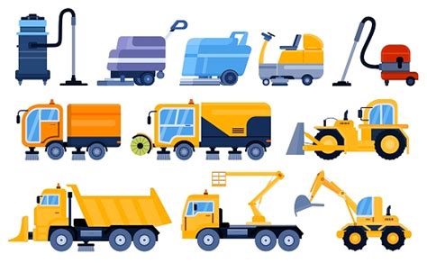 도시 거리 청소 장비 진공 청소기 청소 및 세탁기 기계 도로 아스팔트 청소기 차량 시립 정리 서비스 벡터 세트 거리에 대한 스톡 벡터 아트 및 기타 이미지 Istock