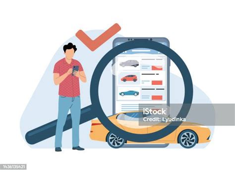 스마트 폰의 응용 프로그램에서 적합한 자동차를 검색하고 선택하는 개념 남자는 그의 차를 발견했다 차에 대한 스톡 벡터 아트 및 기타 이미지 Istock