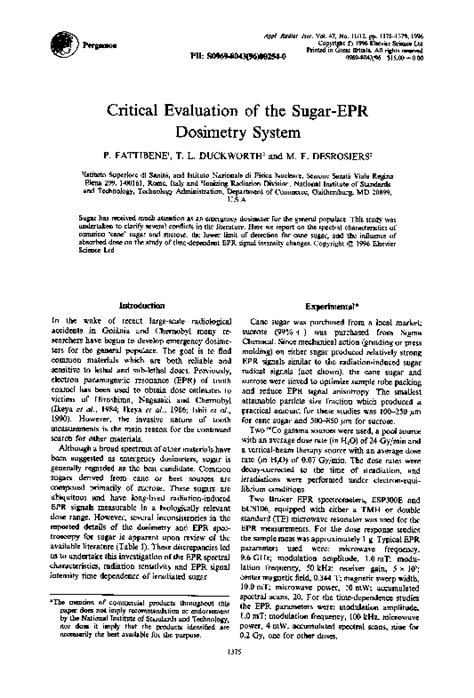 Pdf Critical Evaluation Of The Sugar Epr Dosimetry System
