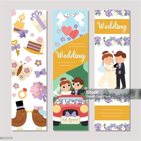 귀여운 결혼식 수직 카드는 결혼한 부부 신부 신랑 신부 들러리 케이크로 설정되어 있습니다 벡터 결혼식 세로 인쇄 템플릿입니다 태그 엽서에 대한 결혼 책갈피 디자인 가격표에
