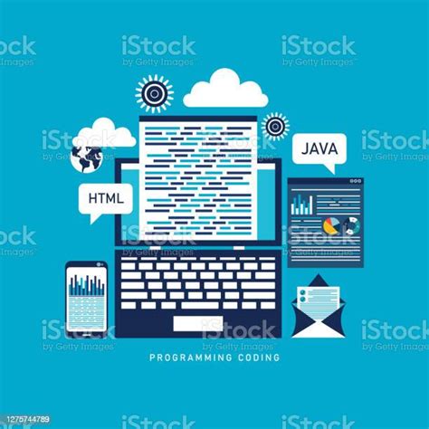 웹 개발자 개념에 대한 랩톱 및 스마트폰의 코딩 및 프로그래밍 앱 Java 프로그래밍 언어에 대한 스톡 벡터 아트 및 기타 이미지 Java 프로그래밍 언어 Php