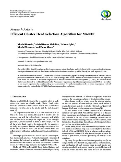 Pdf Efficient Cluster Head Selection Algorithm For Manet
