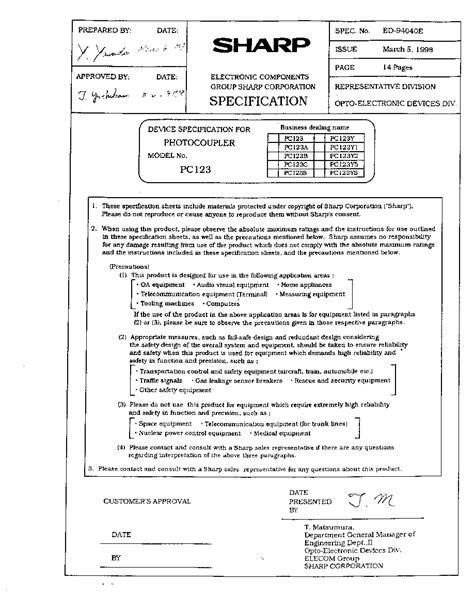 Pc123 Datasheet 1 15 Pages Sharp Device Specification For Photocoupler