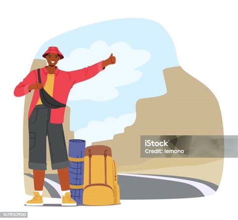 배낭을 멘 고독한 여행자 캐릭터 공중에 엄지손가락을 치켜들고 길가에 서서 라이드 일러스트를 기대하고 있다 여행 개념에 대한 스톡 벡터 아트 및 기타 이미지 Istock