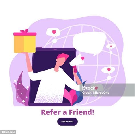 메가폰을 가진 남자는 추천 선물을 제공합니다 디지털 마케팅 및 추천 프로그램 벡터 배너 개념에 대한 스톡 벡터 아트 및 기타