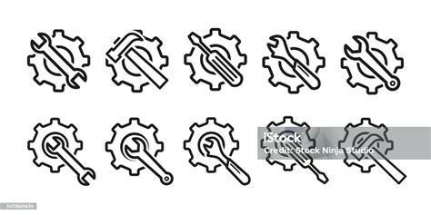 수리 관련 서비스 도구 벡터 라인 아이콘 집합입니다 기어 휠 스크루 드라이버 해머 렌치 스패너 공학에 대한 스톡 벡터 아트 및
