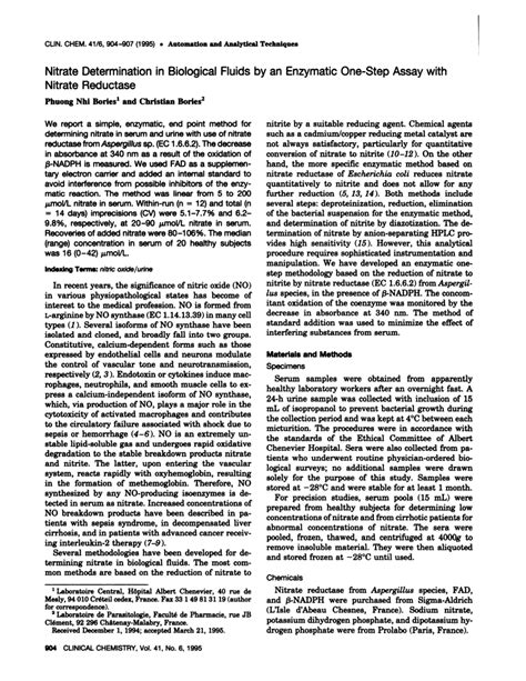 Pdf Nitrate Determination In Biological Fluids By Enzymatic One Step