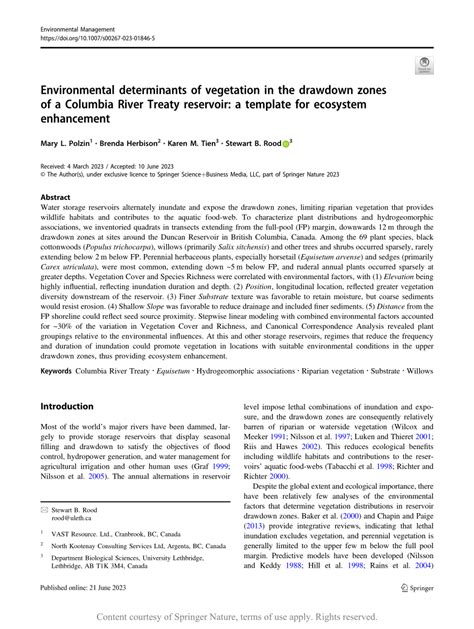 Environmental Determinants Of Vegetation In The Drawdown Zones Of A Columbia River Treaty