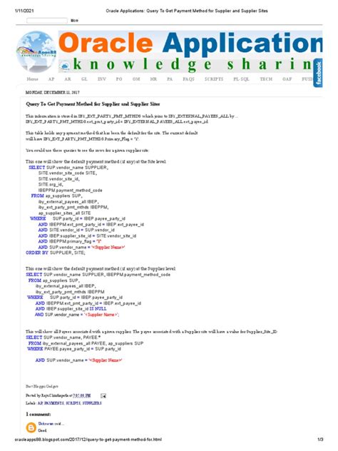Oracle Applications Query To Get Payment Method For Supplier And