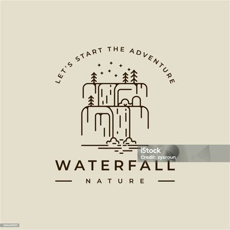 폭포 로고 라인 아트 벡터 일러스트레이션 템플릿 아이콘 그래픽 디자인입니다 자연과 모험의 단순한 미니멀리스트는 타이포그래피 스타일로 환경 여행 사업을 위한 상징입니다 0명에