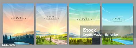 벡터 그림입니다 플랫 스타일의 산 풍경 세트 자연 월페이퍼 기하학적 미니멀리스트 다각형 개념 일출 초원의 길 절벽 옆의 숲 나무 숲 옆의 물줄기 오솔길에 대한 스톡 벡터