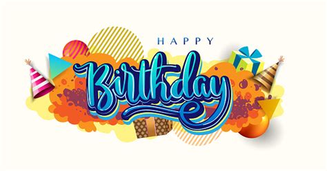 생일 축 하에 대 한 풍선 색종이와 선물 상자 디자인 서식 파일 인사말 카드와 포스터에 대 한 행복 한 생일 타이포 그래피 벡터 디자인 공휴일에 대한 스톡 벡터 아트 및