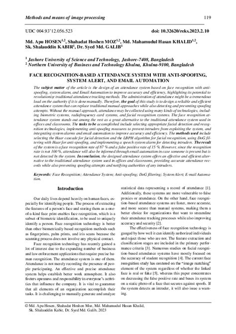 Pdf Face Recognition Based Attendance System With Anti Spoofing System Alert And Email
