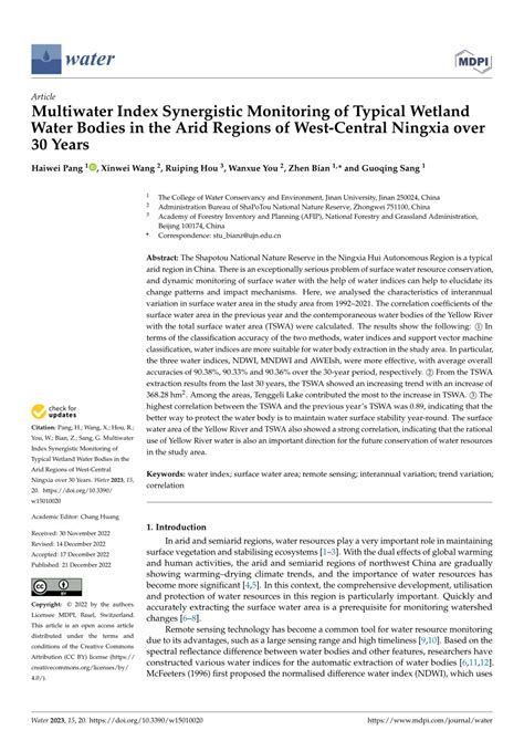 Pdf Multiwater Index Synergistic Monitoring Of Typical Wetland Water Bodies In The Arid