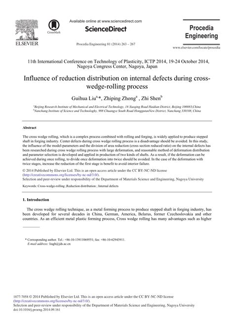Pdf Influence Of Reduction Distribution On Internal Defects During Cross Wedge Rolling Process