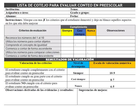 Lista De Cotejo Para Evaluar Conteo En Preescolar GuÍa De Aprendizaje