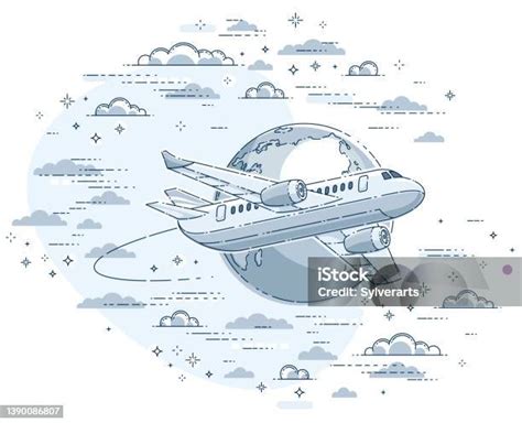구름에 둘러싸인 하늘에 지구 행성 비행기 여객기 항공 여행 그림 흰색 배경 위에 고립 된 아름 다운 얇은 라인 벡터 비행기에 대한 스톡 벡터 아트 및 기타 이미지 Istock