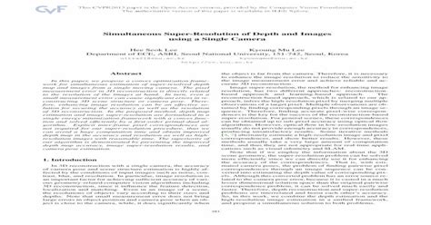 Simultaneous Super Resolution Of Depth And Images Using A Single Camera Pdf Document