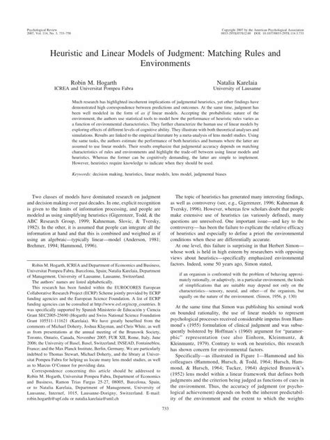 Pdf Heuristic And Linear Models Of Judgment Matching Rules And