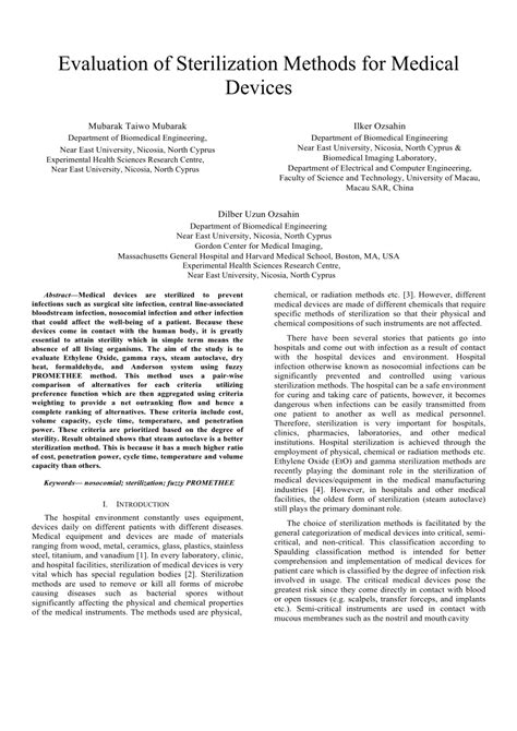 Pdf Evaluation Of Sterilization Methods For Medical Devices