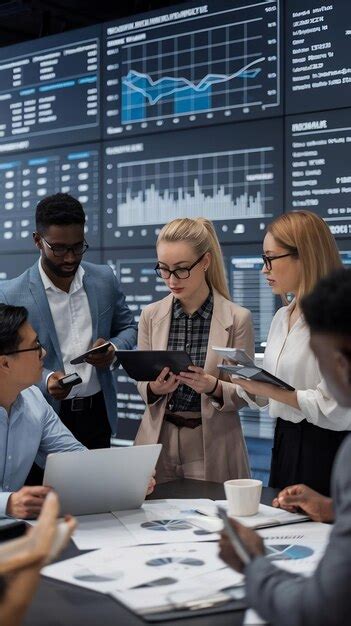 Diverse Team Of Data Scientists Analyzing Information And Graphs On Big Led Wall In Modern