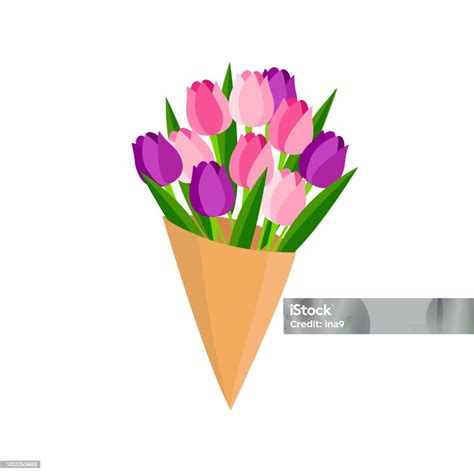 고립 된 흰색 배경에 다채로운 분홍색 튤립 꽃다발 꽃다발 안에 긴 잎봄 꽃의 아름다운 무리 벡터 일러스트 플랫 스타일 부케에 대한 스톡 벡터 아트 및 기타 이미지 Istock