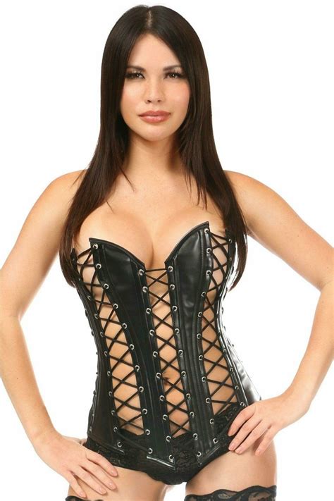 Woman Wearing Deluxe Lace Up Steel Boned Over Bust Corset With Faux