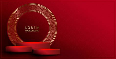둥근 포디움과 패턴이 있는 골든 라운드 프레임의 레드 텍스처 컴포지션 1위에 대한 스톡 벡터 아트 및 기타 이미지 1위