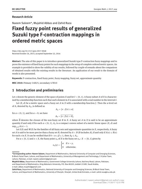 Pdf Fixed Fuzzy Point Results Of Generalized Suzuki Type F