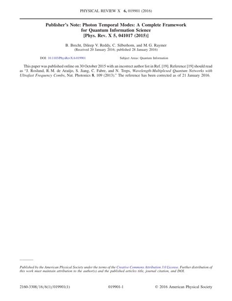 Pdf Publishers Note Photon Temporal Modes A Complete Framework For