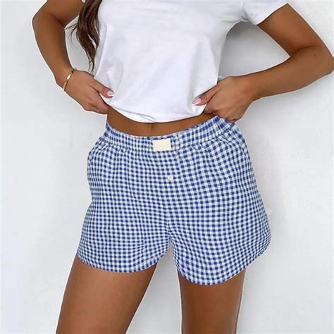 Amidoa Elastic Waist Womens Shorts Clearance Pajama Plaid Shorts Bermuda Shorts For Women